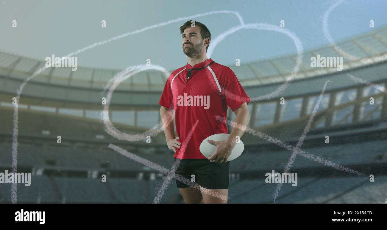 Image of position plan over caucasian man with rugby ball at stadium ...