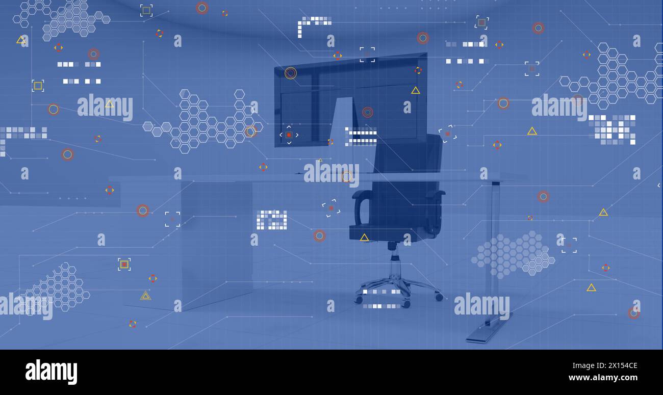 Image of financial data processing over office with computer on desk ...