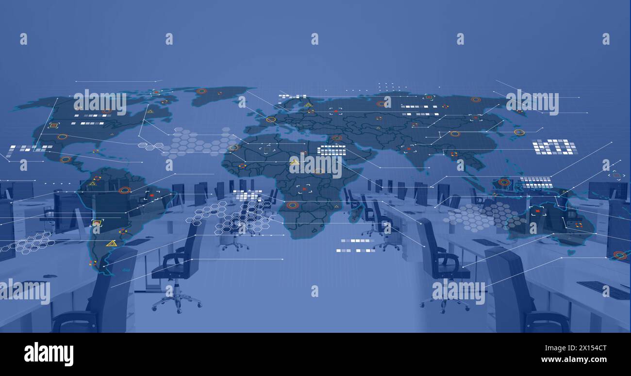 Image of financial data processing and world map over office with ...