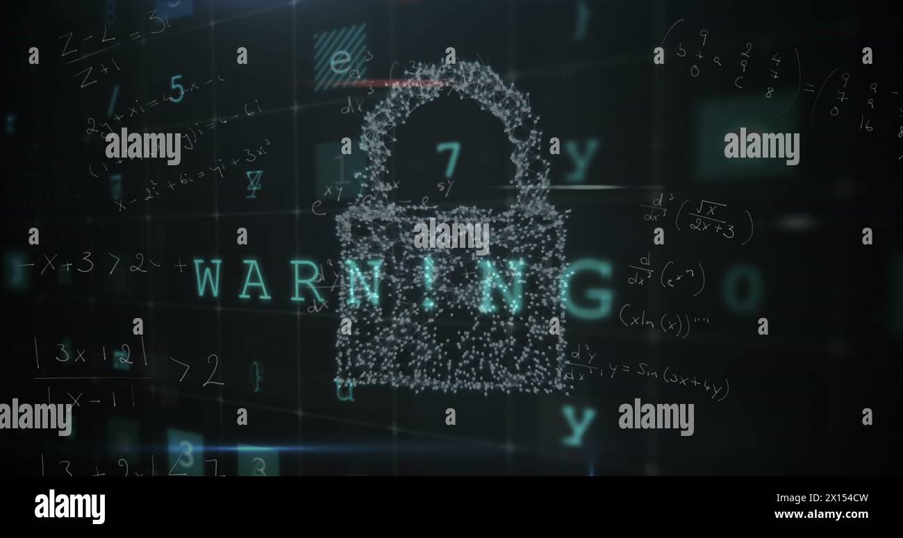 Image of security padlock icon, mathematical equations and cyber ...