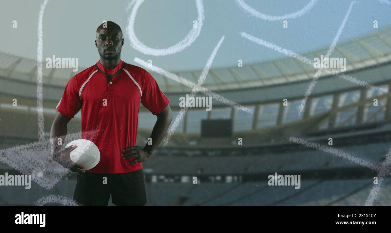 Image of position plan over african american man with rugby ball at ...