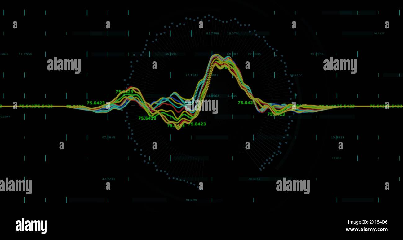 Image Of Data Processing Over Security Padlock On Round Scanner Against Black Background Stock