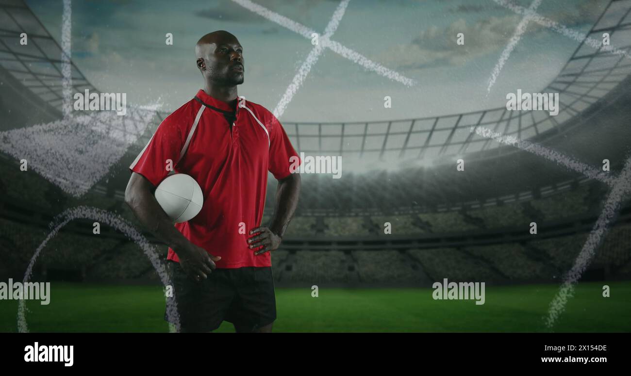 Image of position plan over african american man with rugby ball at ...