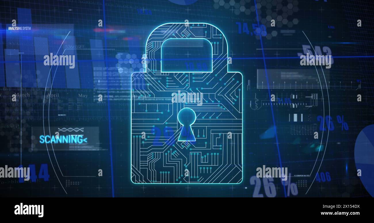 Image of scope scanning over security padlock icon and statistical data processing Stock Photo ...