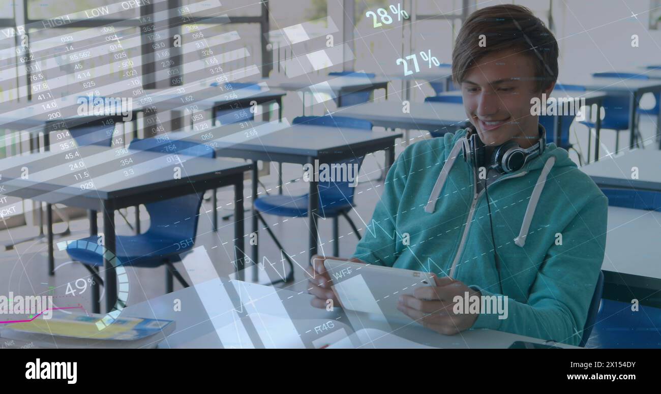 Image of digital interface with data, icons and charts moving over ...