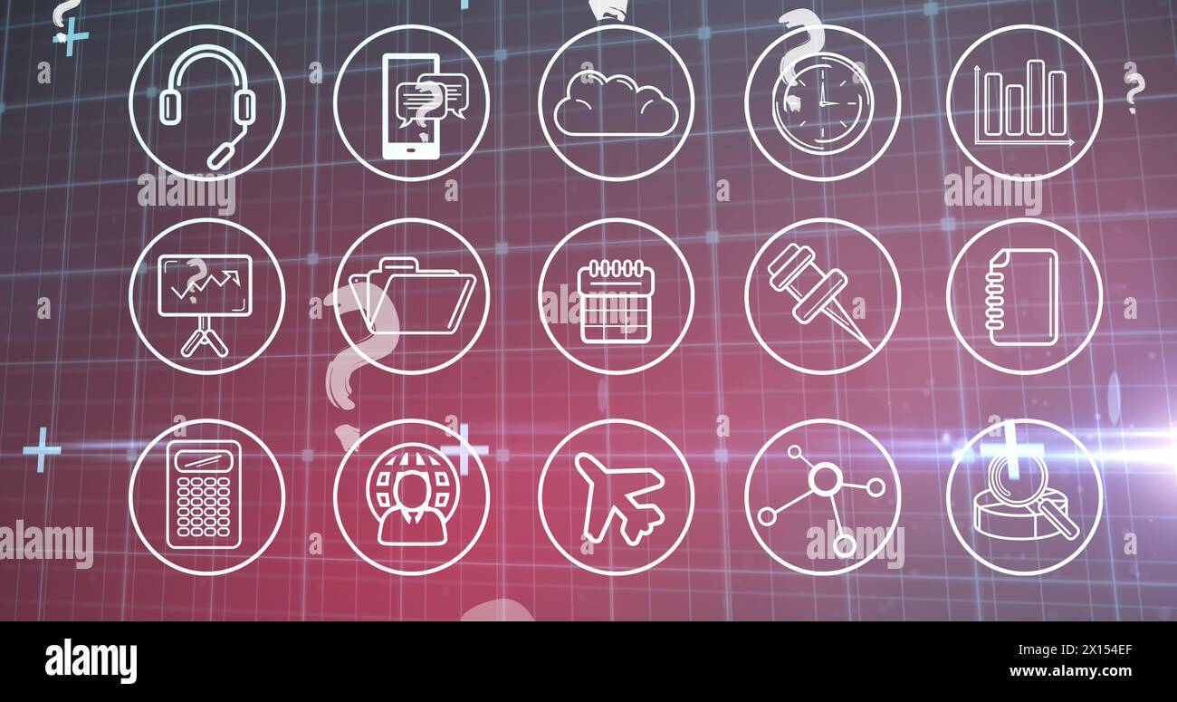 Image of red question marks flying over set of digital icons on grid in ...