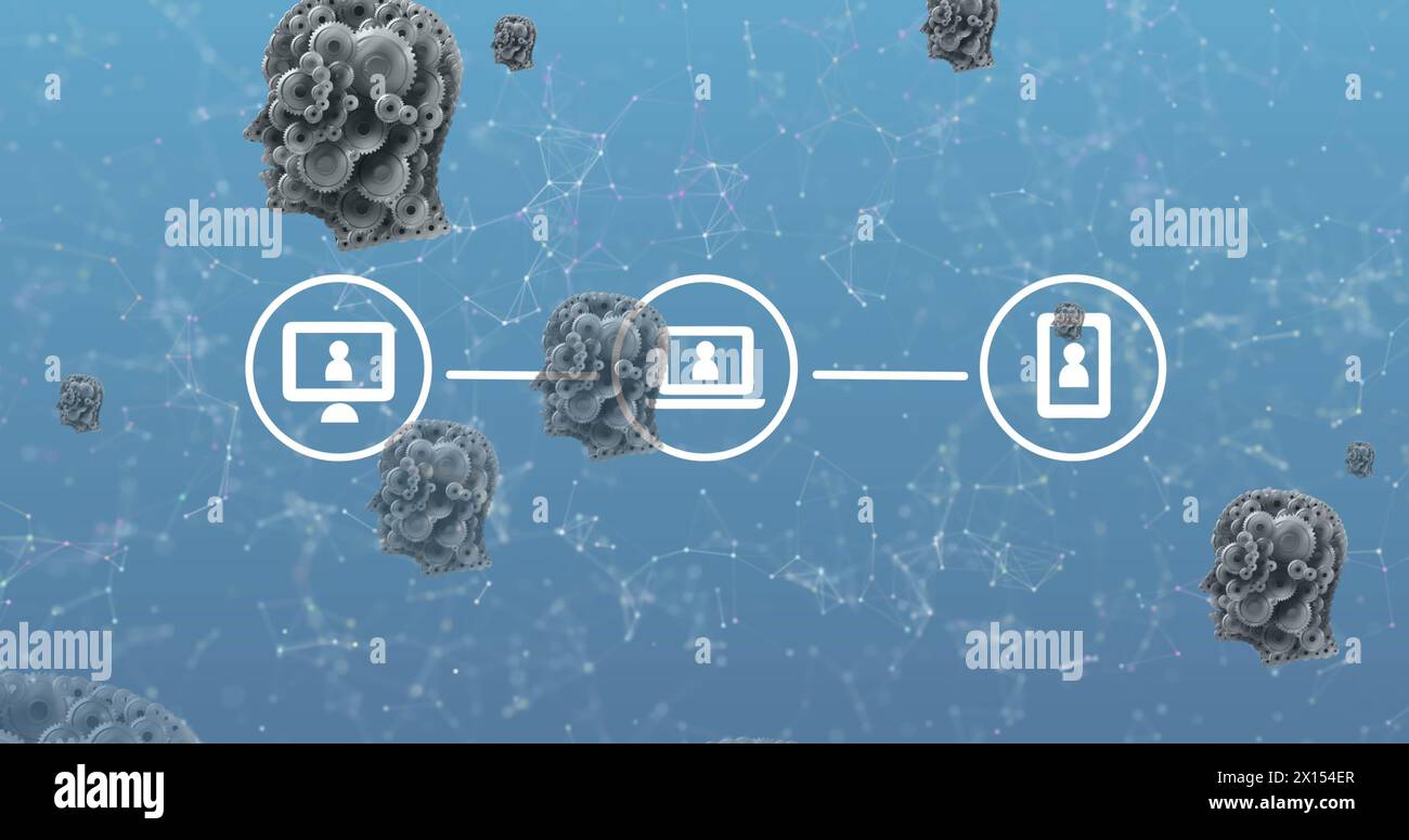 Image of white digital icons and human heads with cogs over network of ...