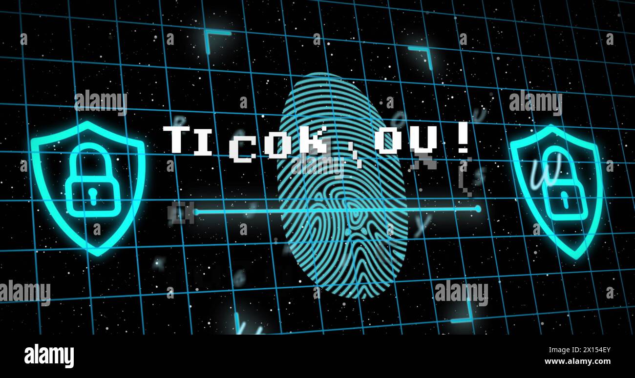Image of thank you text over security finger print and letters on grid ...