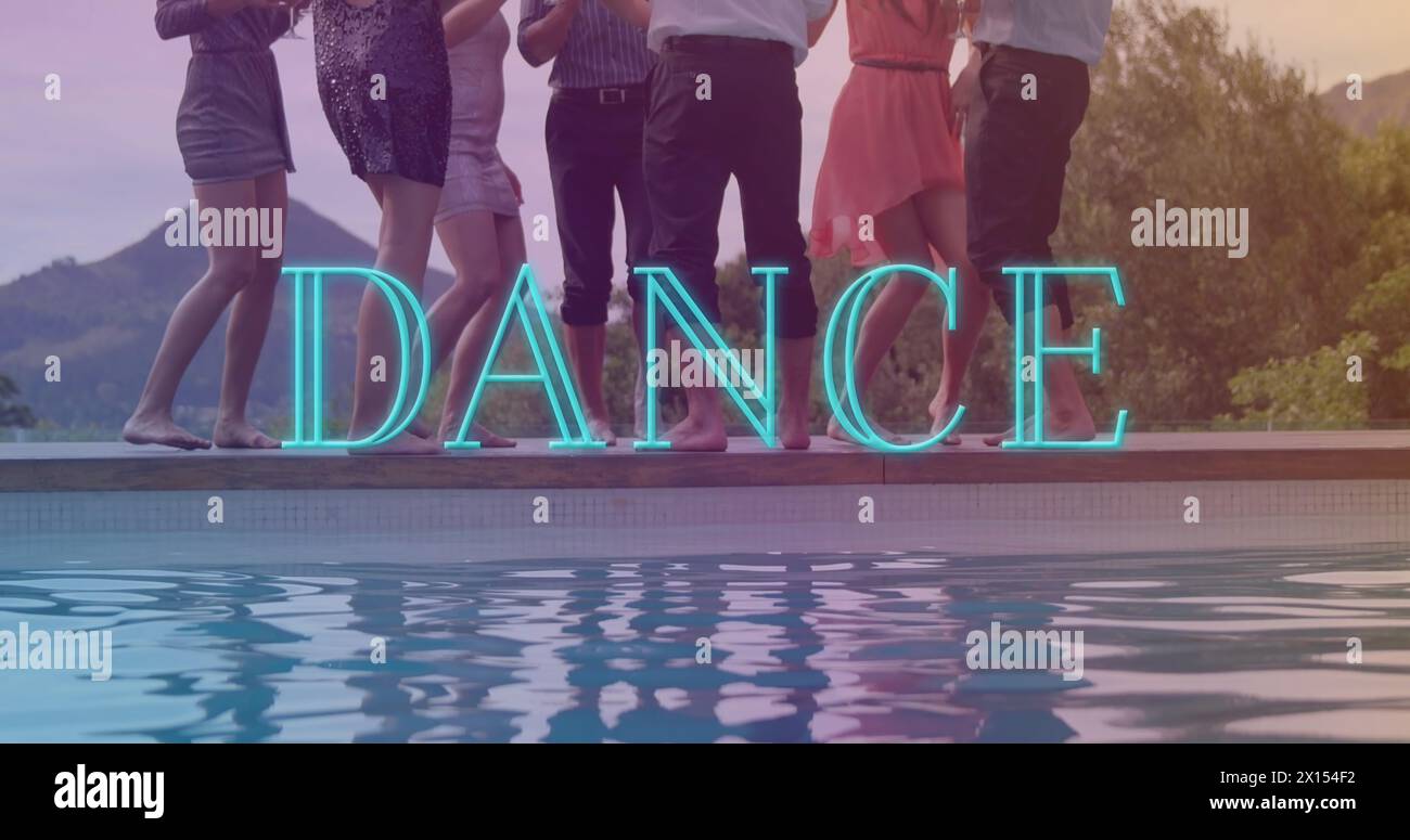 Image of dance text over diverse group of friends dancing by pool Stock ...