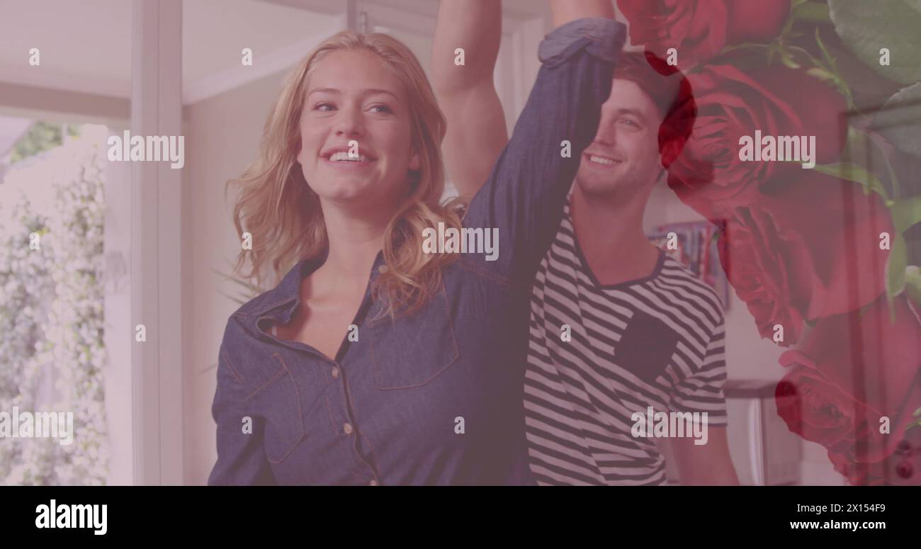 Image of red roses over smiling caucasian couple dancing Stock Photo ...