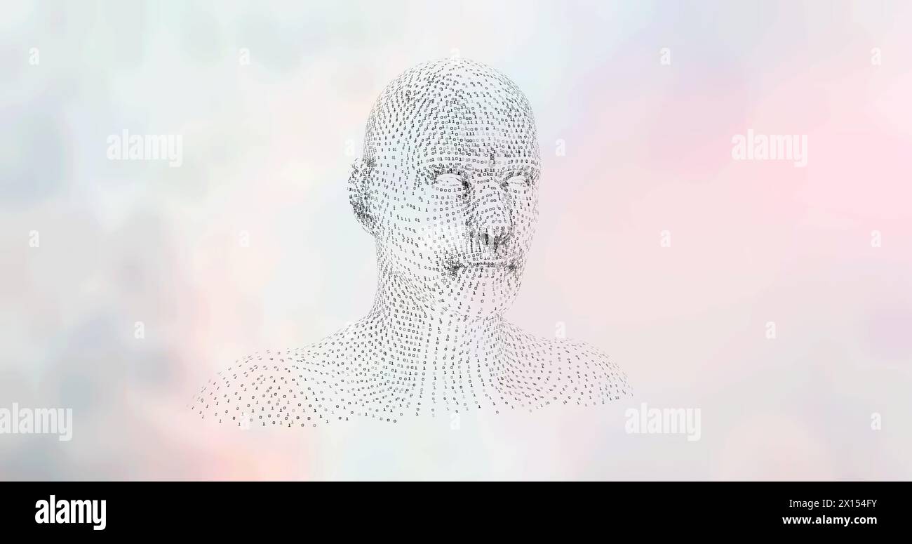 Image of human head formed with grey particles spinning over cloud ...