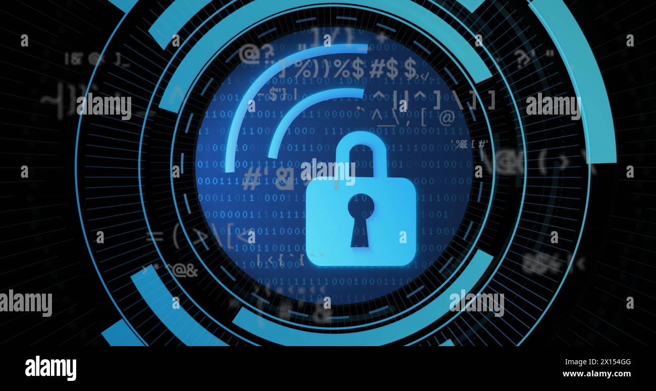 Image of security padlock on round scanner over changing symbols against black background Stock ...