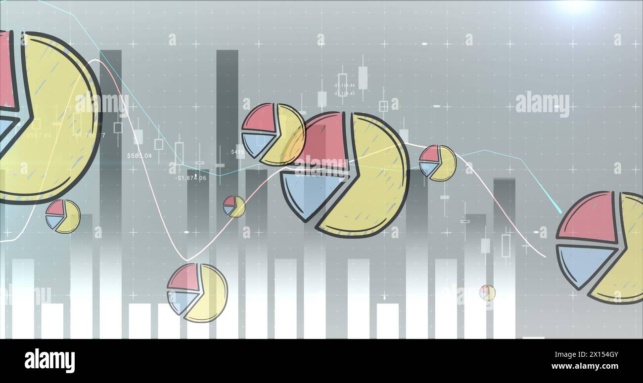 Image of pie chart icons over statistics processing on grey background ...