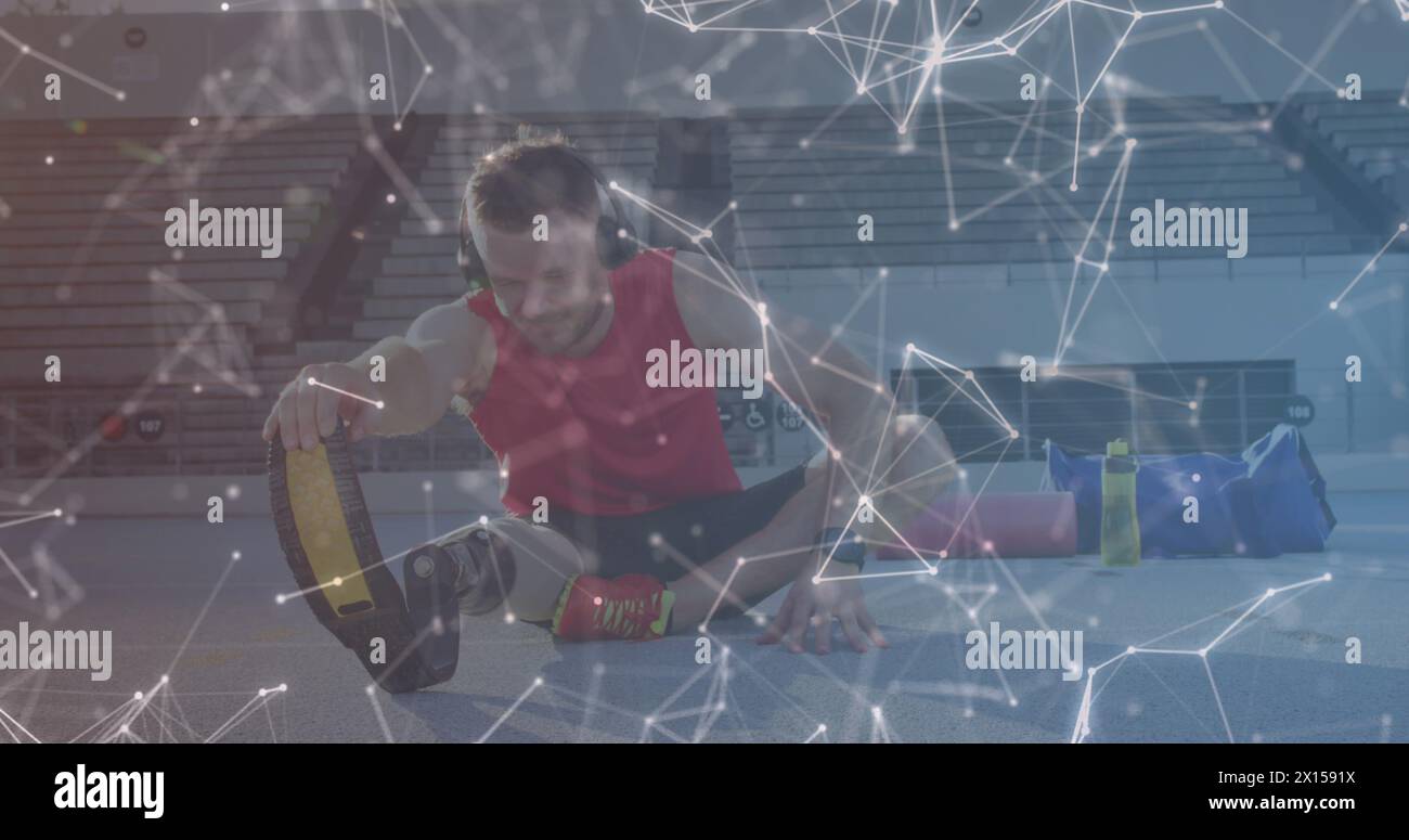 Image of geometrical shapes over caucasian male with running blade ...