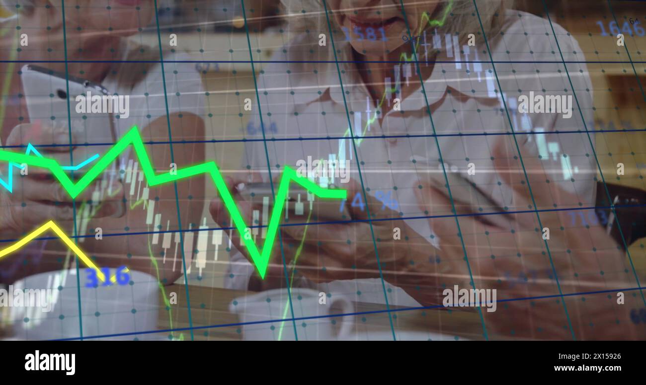 Image Of Statistics And Financial Data Processing Over Diverse People Using Smartphones Stock