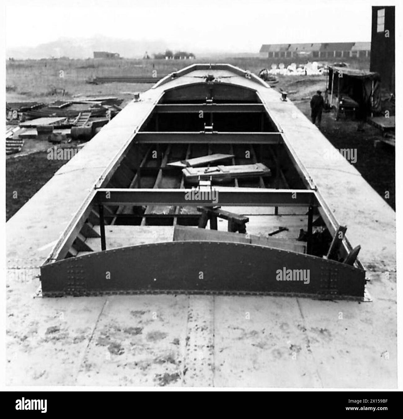 Royal Engineers assemble a 60-foot barge, shown ready for launching ...