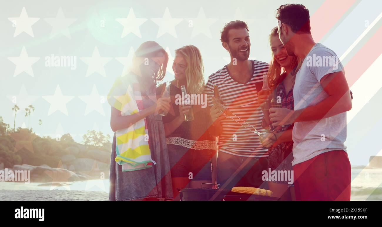 Image of flag of usa over diverse group of friends drinking beer ...