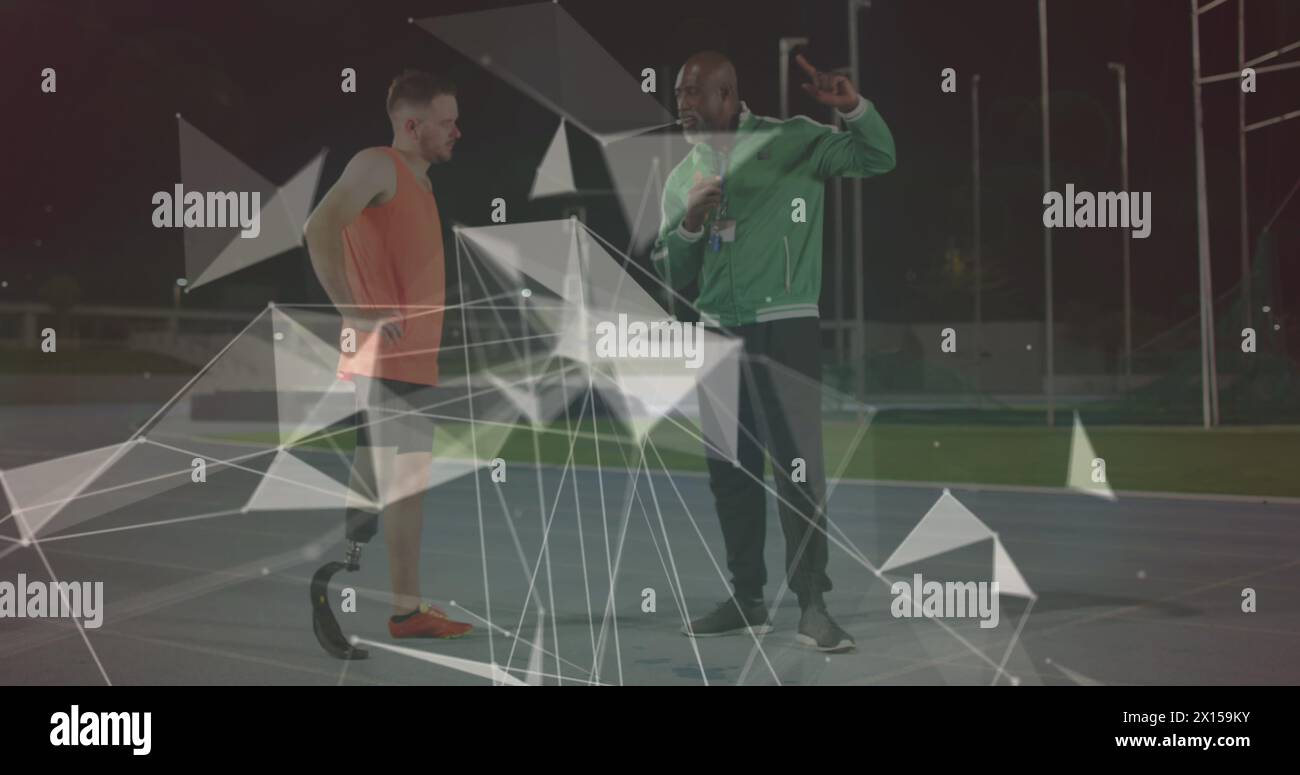 Image of geometrical shapes over african american trainer and caucasian ...