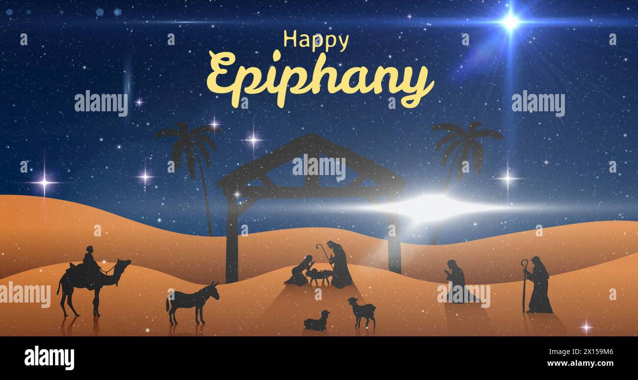 Image of happy epiphany text over snow falling and nativity scene Stock ...