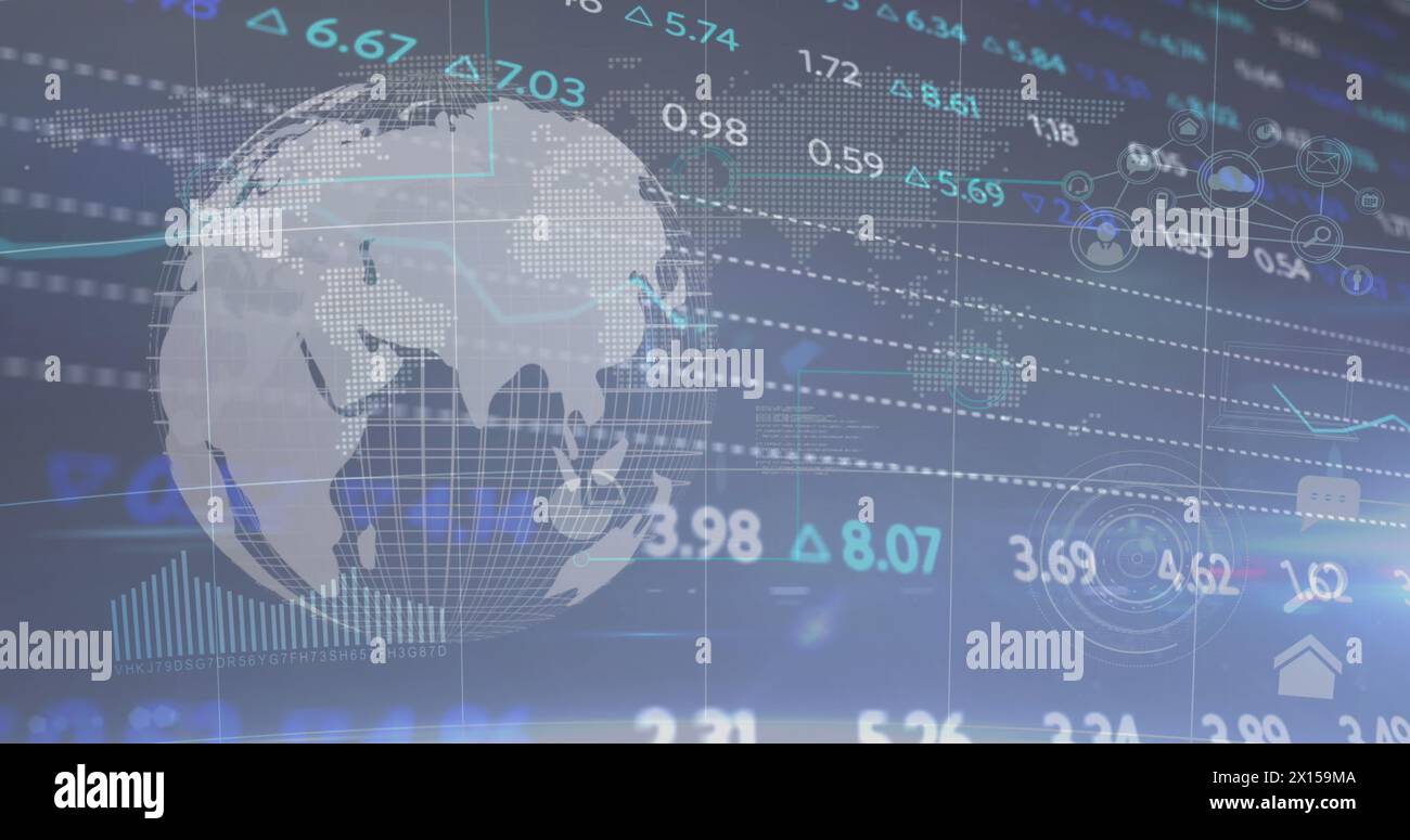 Image of data processing and globe on black background Stock Photo - Alamy