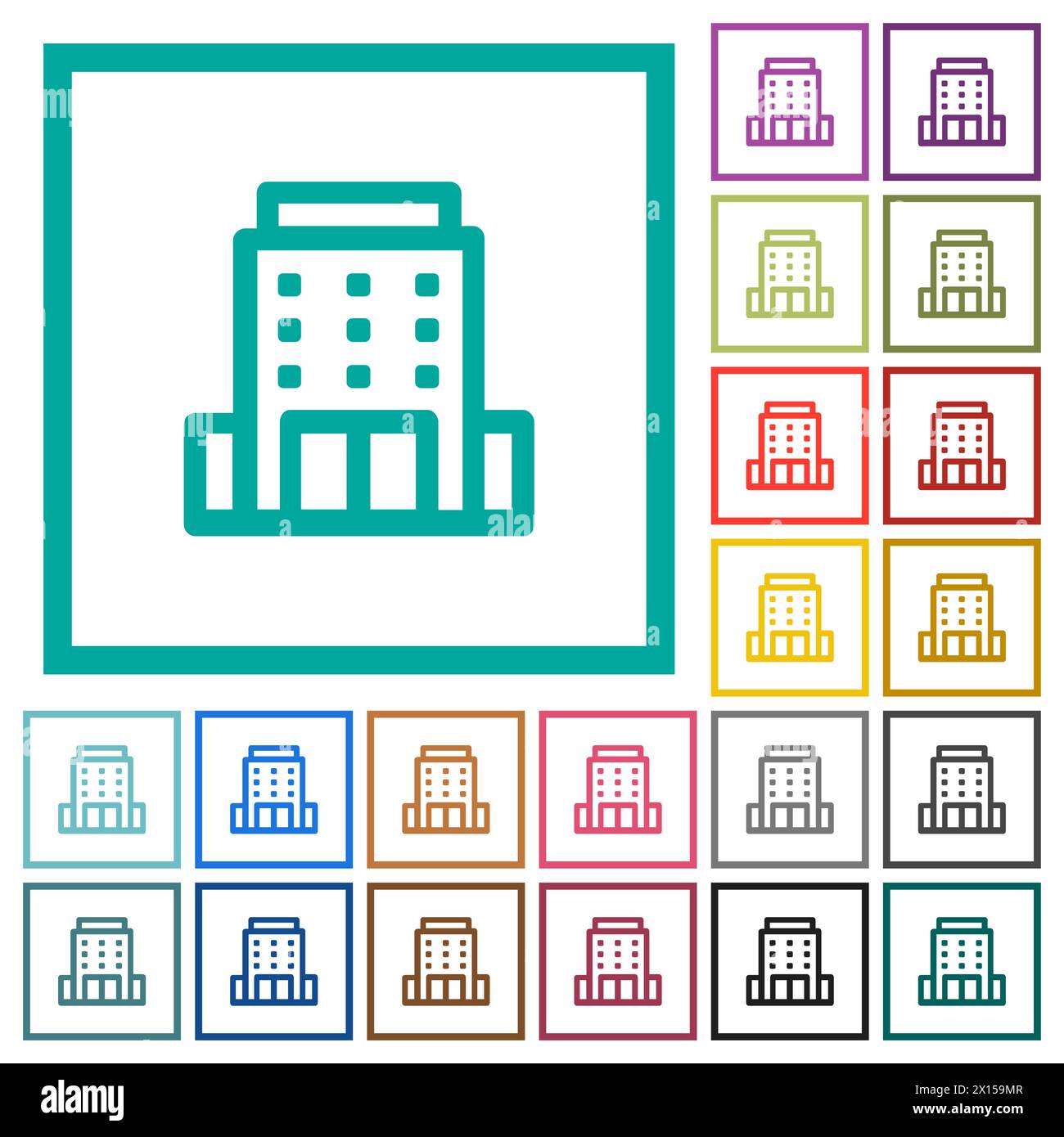 Office Building Outline Flat Color Icons With Quadrant Frames On White Background Stock Vector