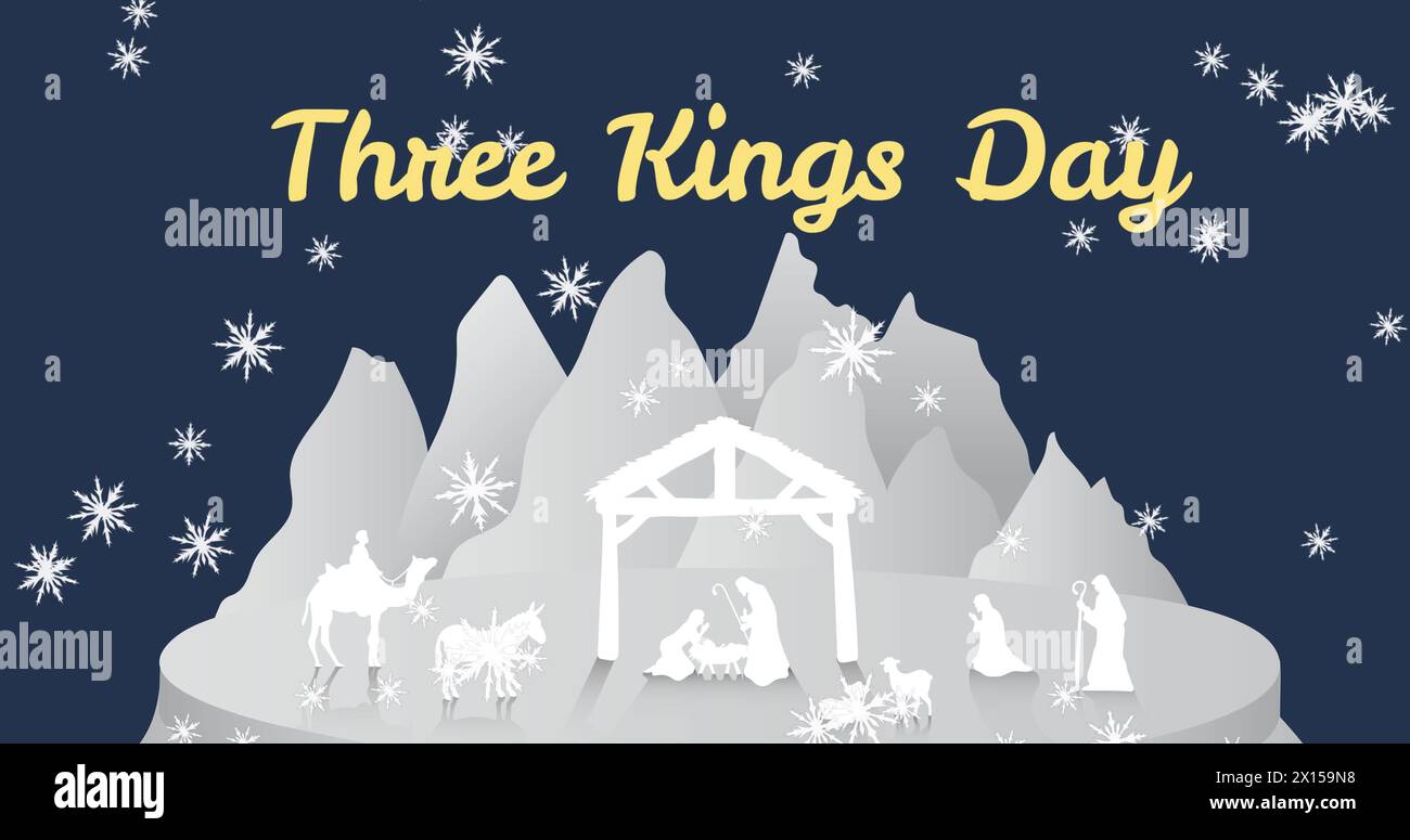 Image of three kings day over falling snow and nativity scene Stock ...