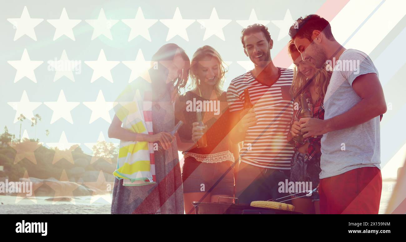 Image of flag of usa over diverse group of friends drinking beer ...