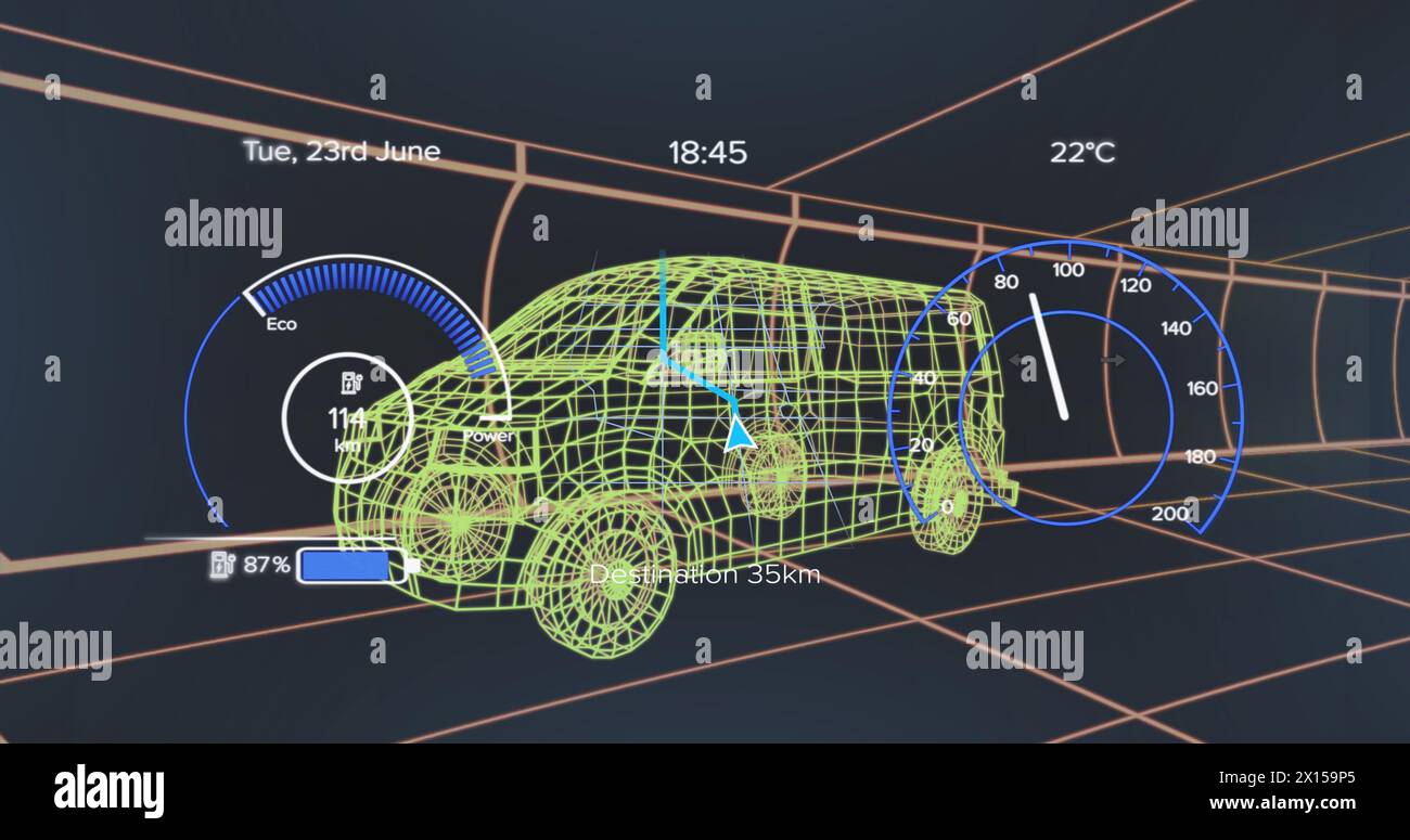 Image of speedometer over electric van project on navy background Stock ...