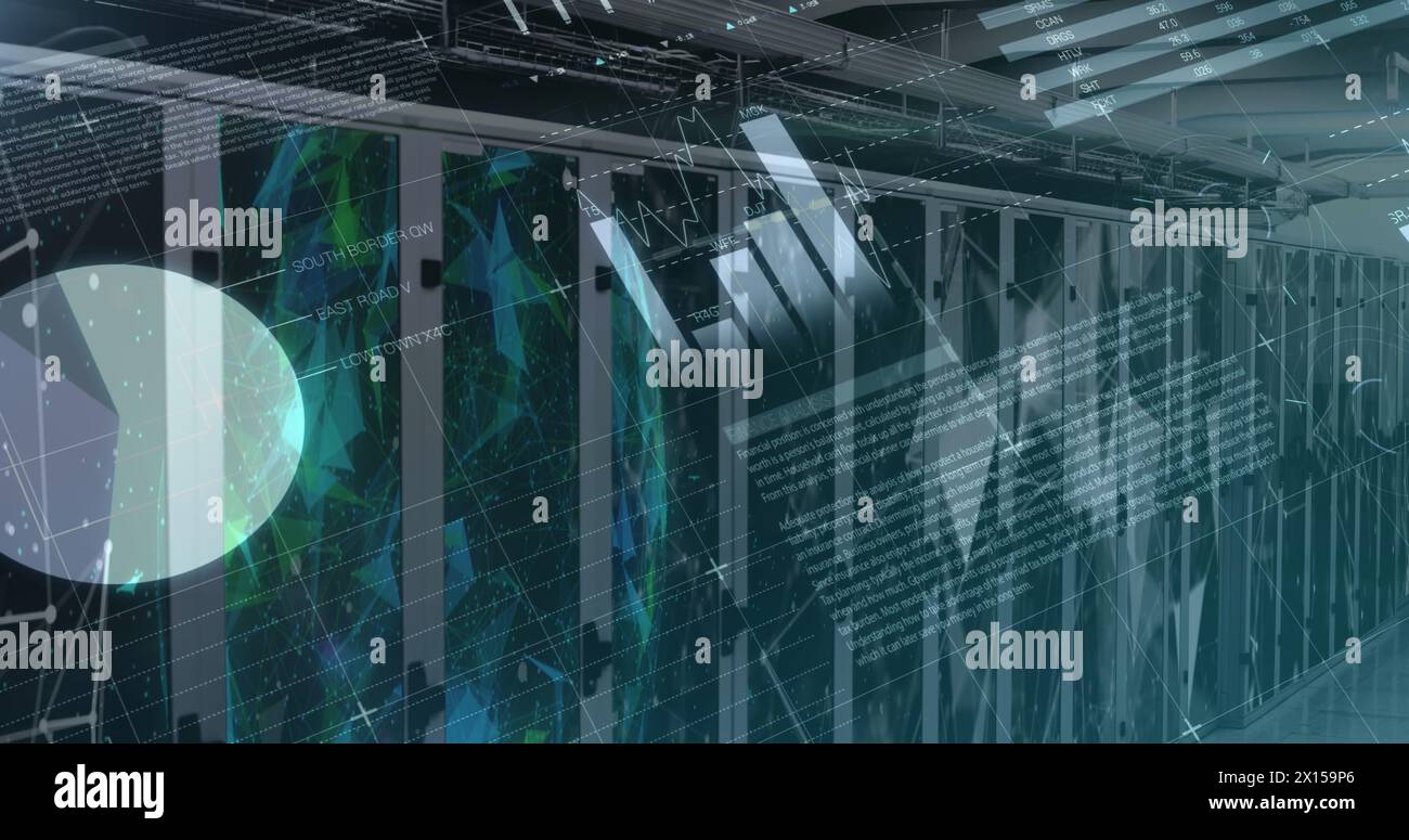 Image of data processing and shapes over server room Stock Photo - Alamy