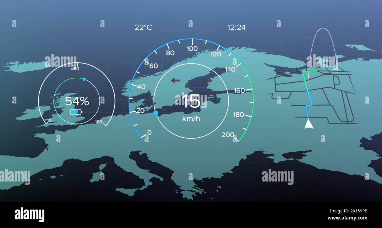 Image of speedometer and battery level over map of europe Stock Photo ...