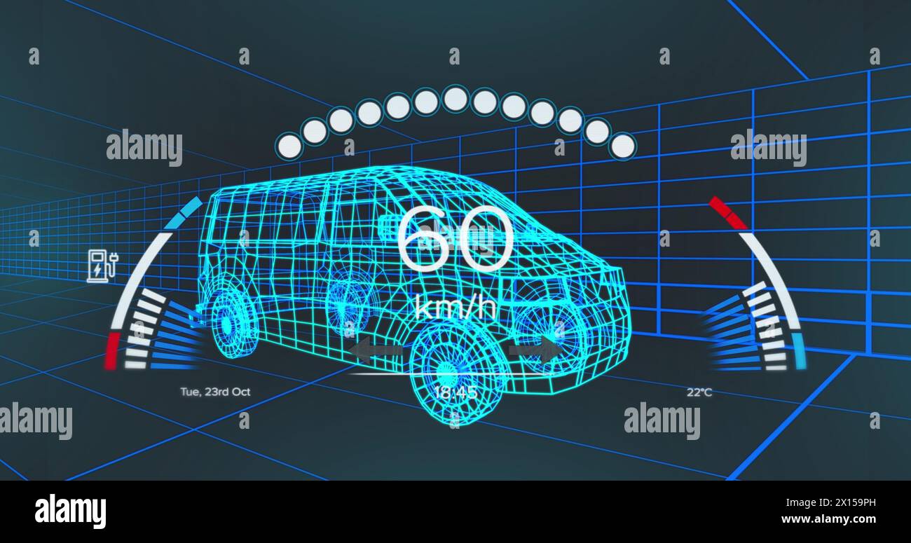 Image of speedometer over electric van project on navy background Stock ...