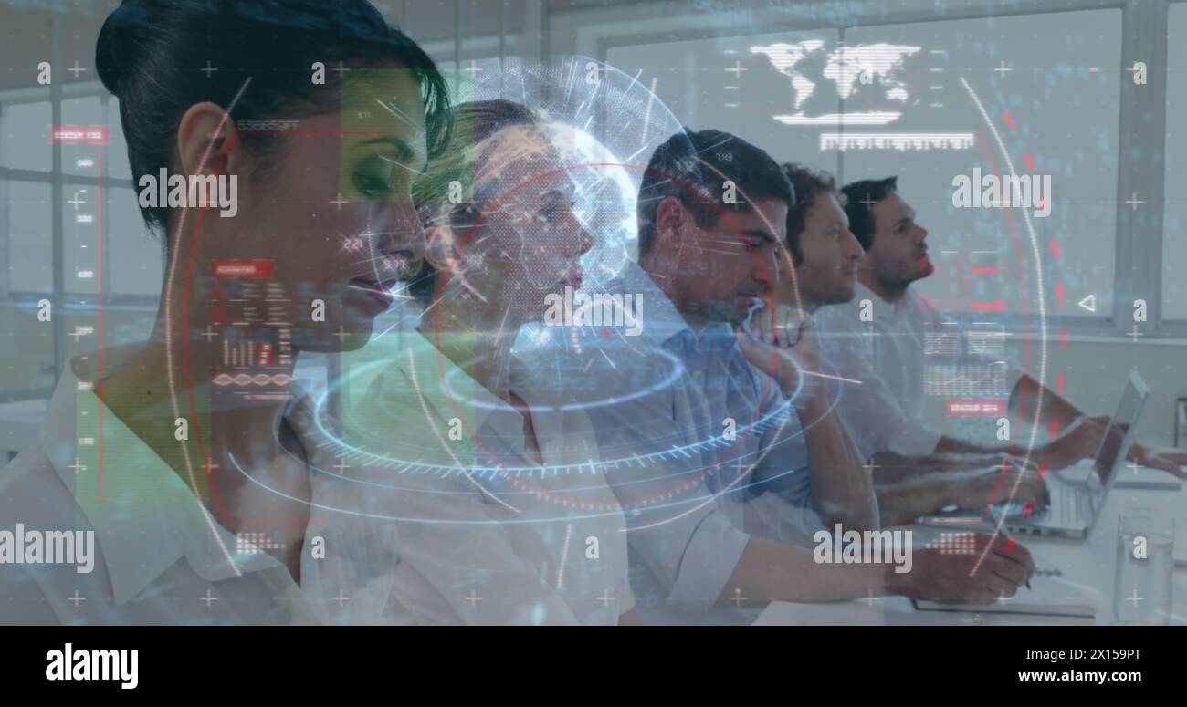 Image of globe and data processing over diverse business people Stock ...