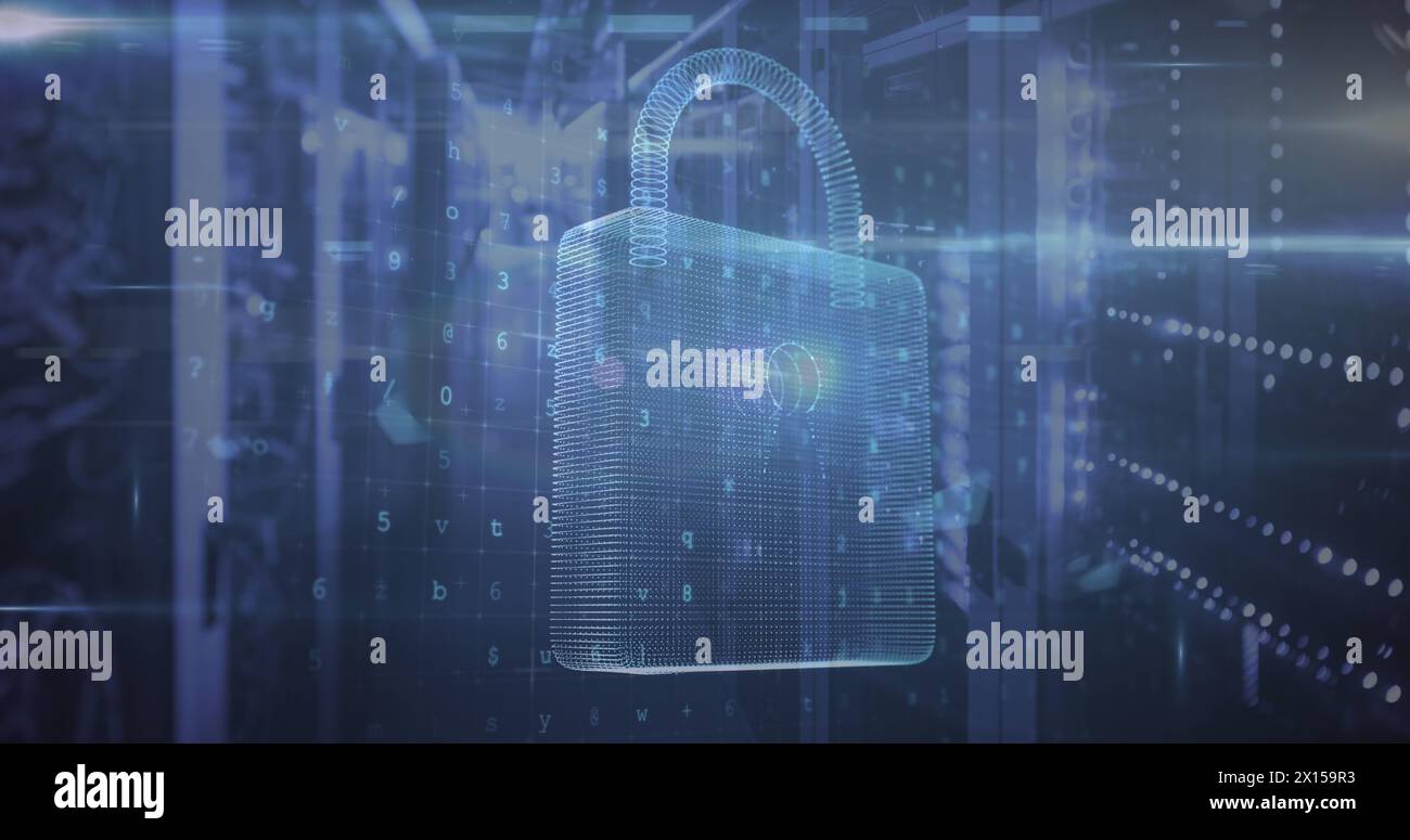 Image of data processing and padlock over server room Stock Photo - Alamy