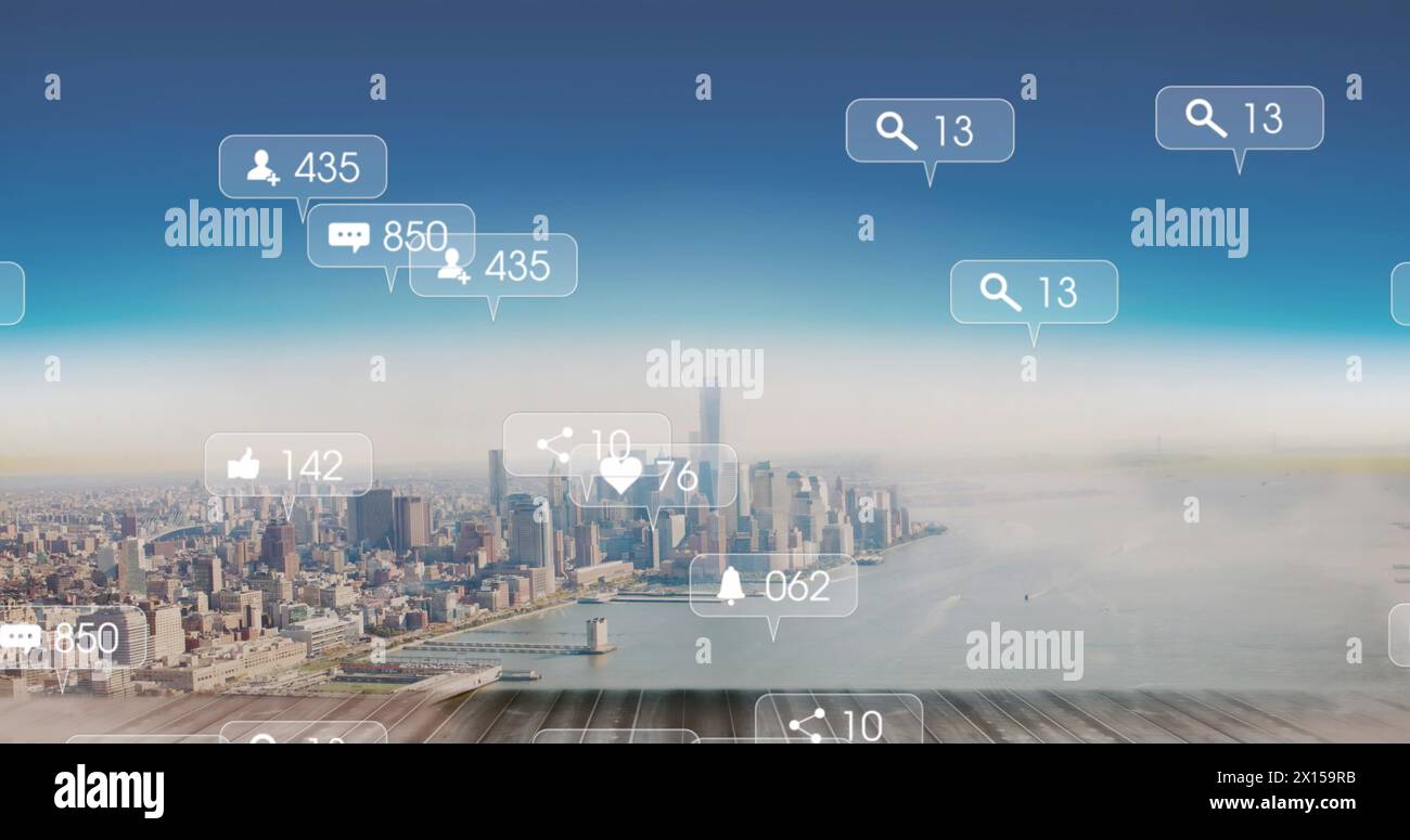 Image of social media reactions falling over cityscape Stock Photo - Alamy