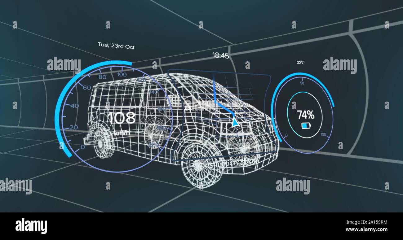 Image of speedometer over electric van project on navy background Stock ...