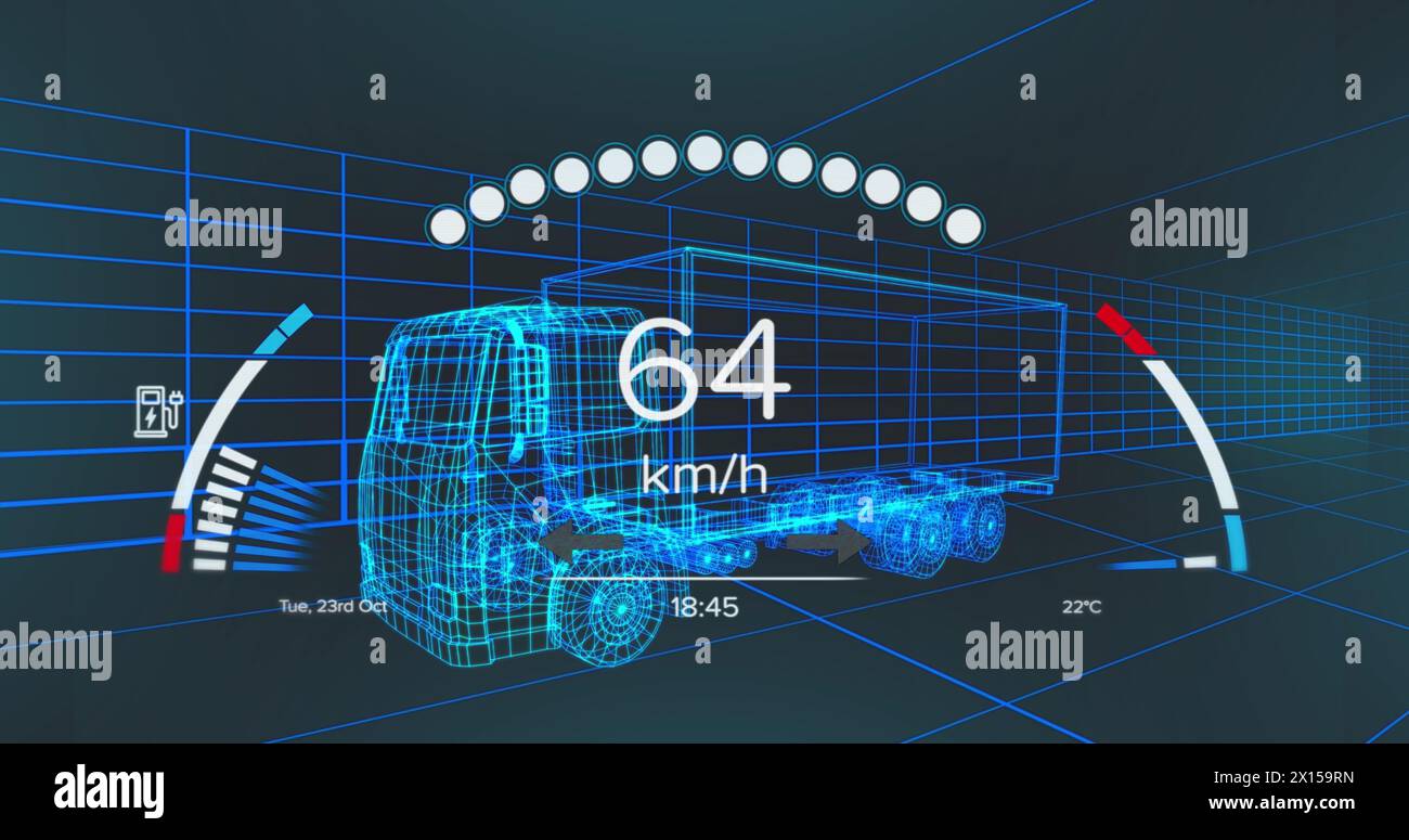 Image of speedometer over electric truck project on navy background ...