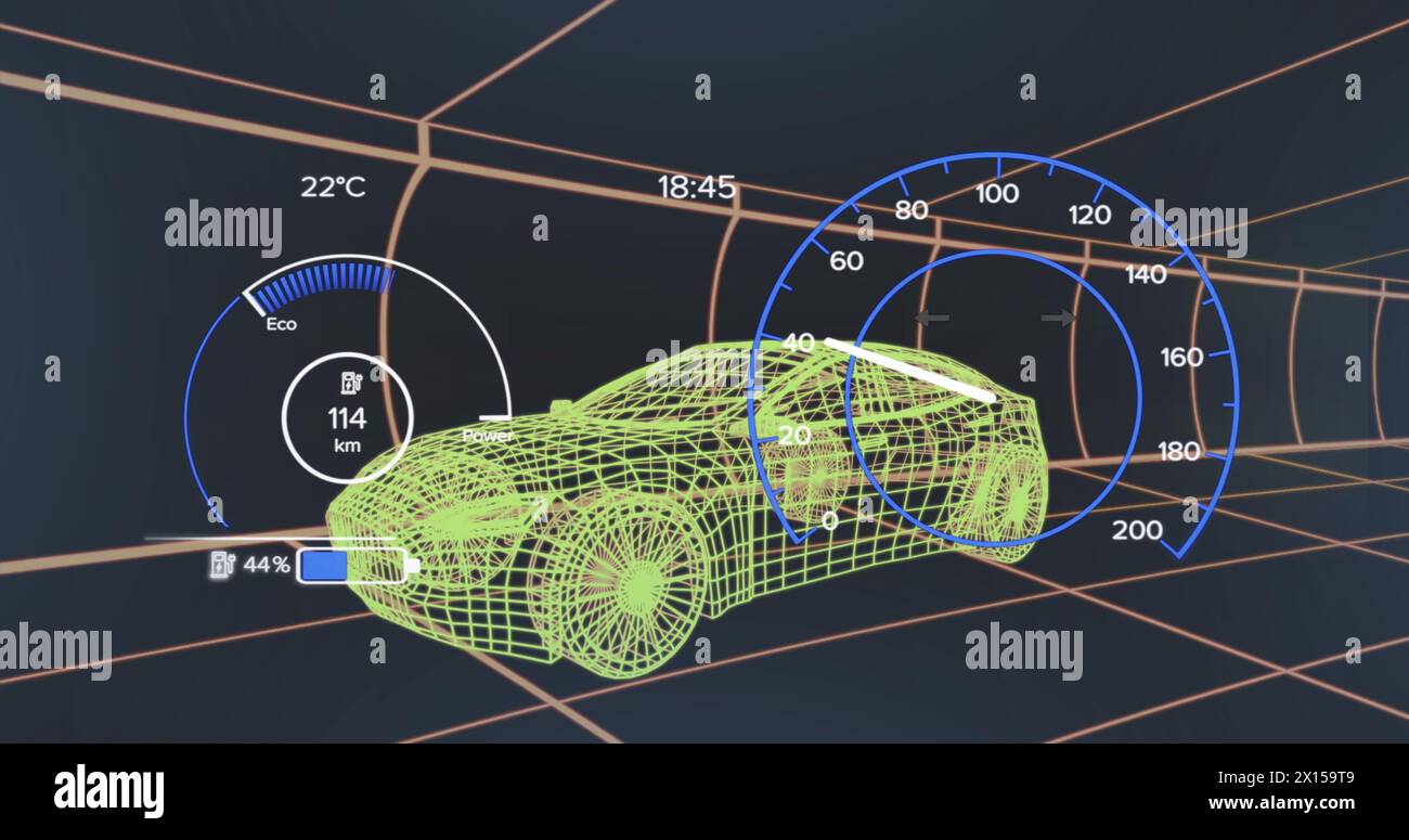 Image of speedometer over electric car project on navy background Stock ...