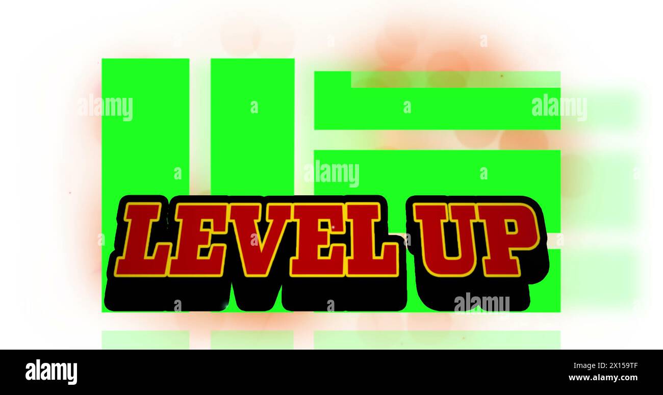 Image of level up over white background with green and orange shapes ...
