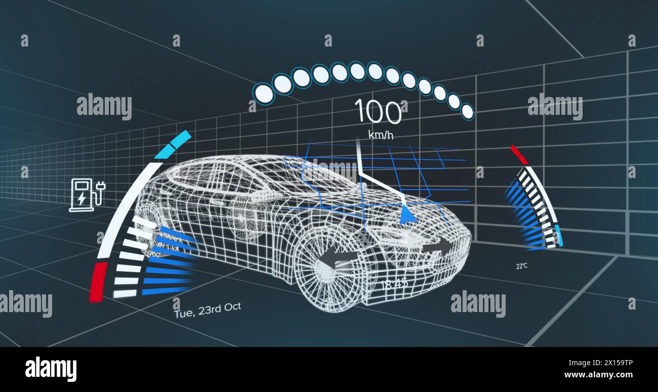 Image of speedometer over electric car project on navy background Stock ...