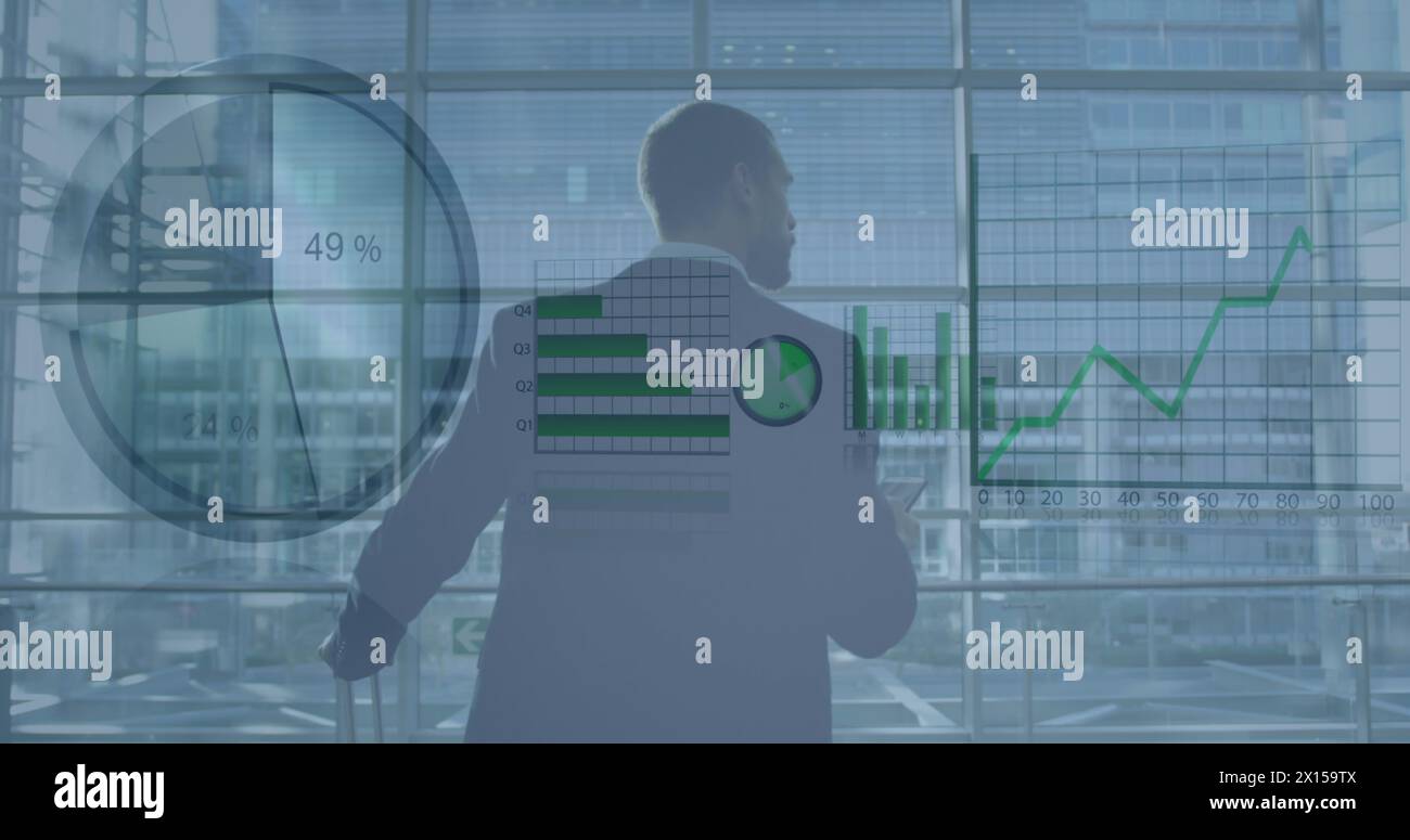 Image of financial graphs and pie chart over back view of caucasian ...