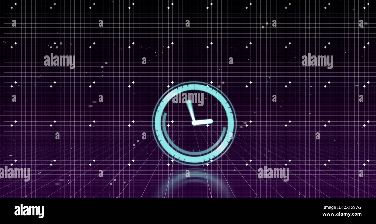 Image of clock moving in violet digital space with dots Stock Photo - Alamy