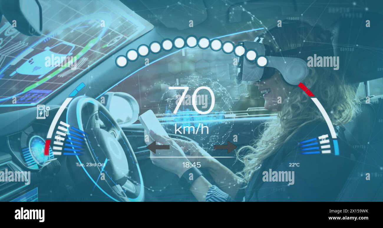 Image of speedometer over caucasian woma nin vr headset driving ...