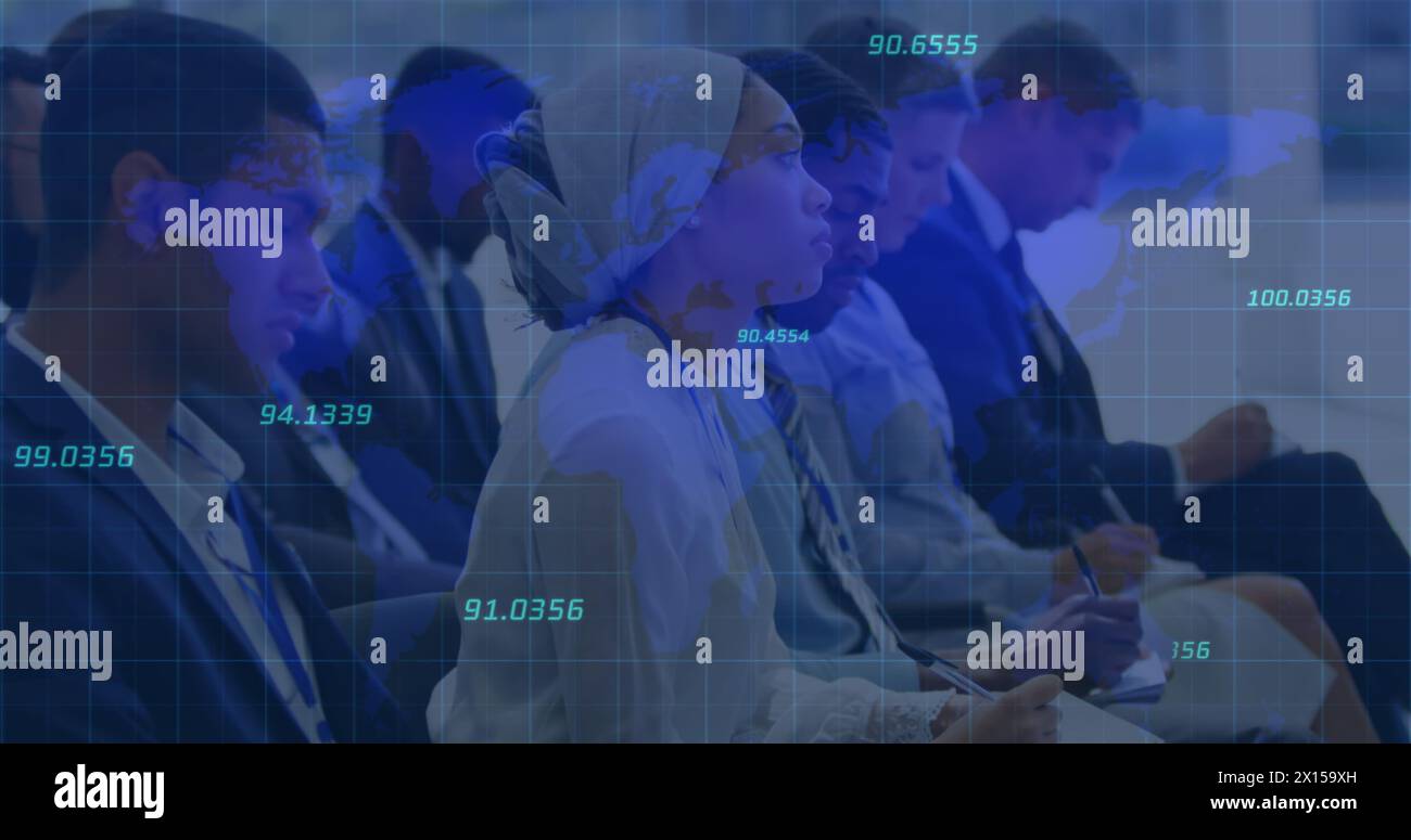 Image of numbers processing over diverse business people Stock Photo ...