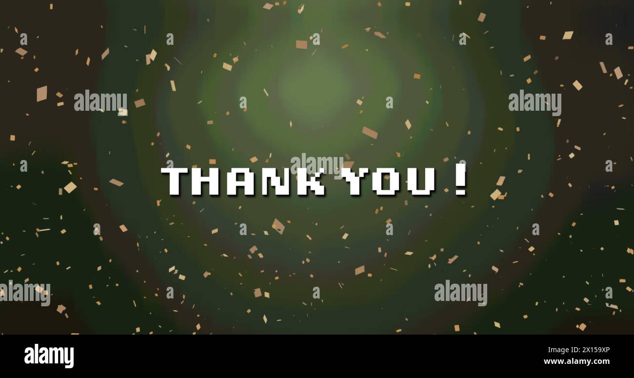 Digital image of confetti falling over thank you text banner against ...