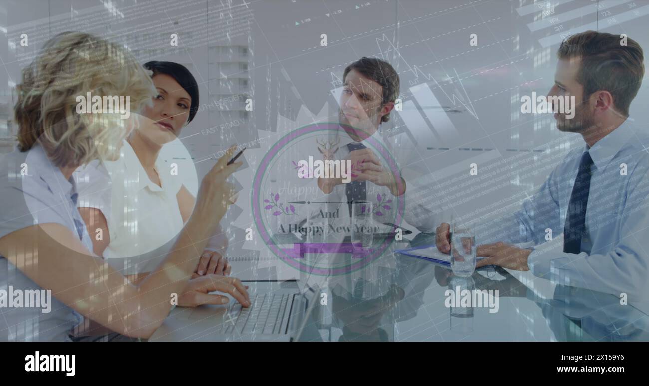 Image of statistics and data processing over diverse business people ...