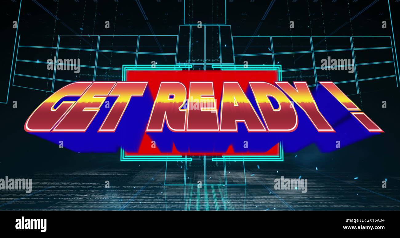 Digital image of get ready text banner over abstract neon shapes ...