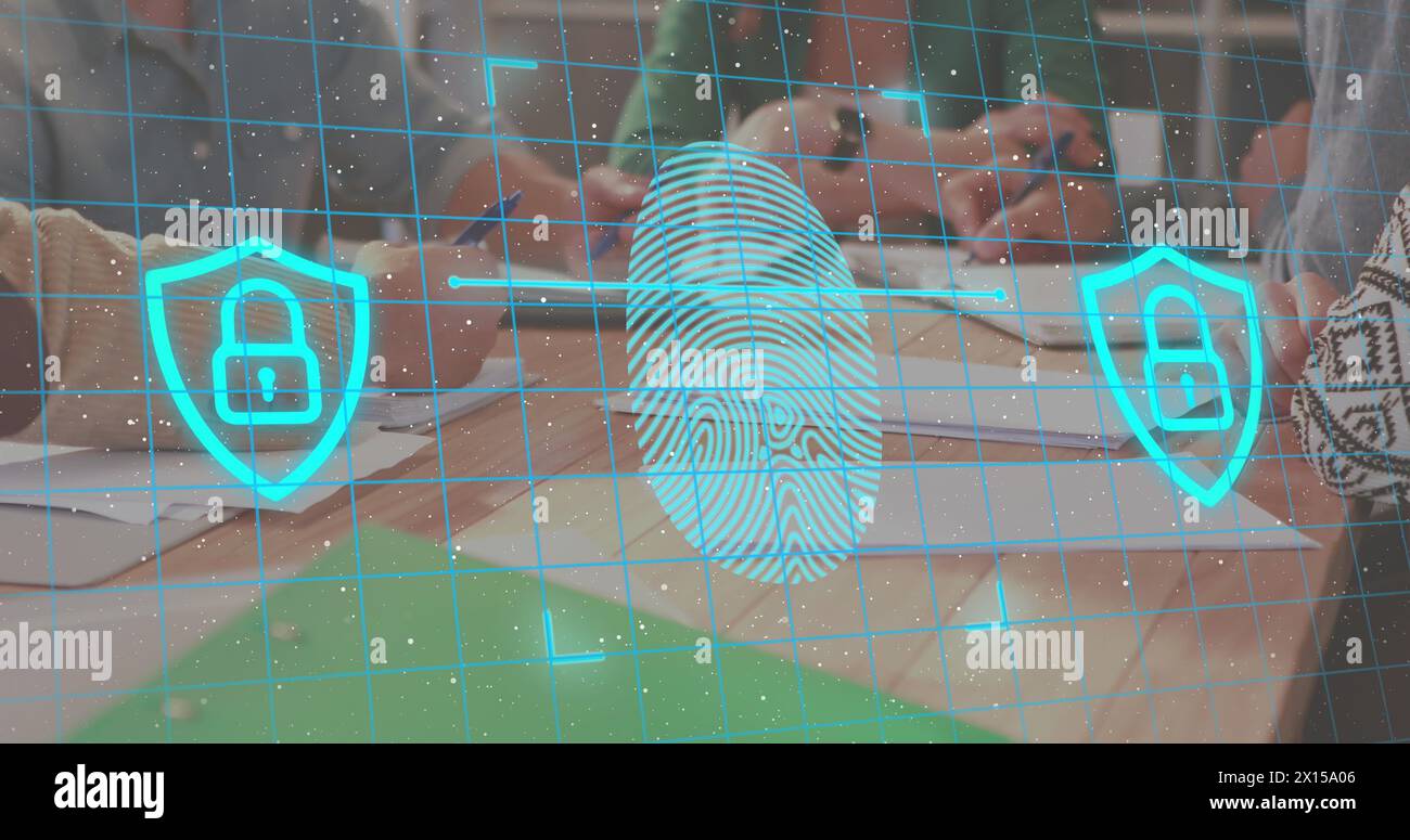 Image of fingerprint over hands of diverse businesspeople working Stock ...