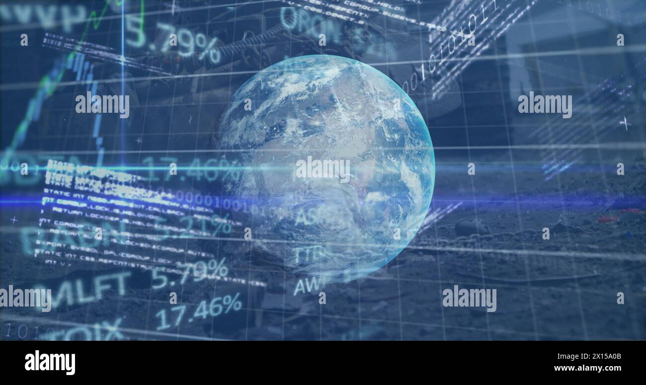 Image of financial data and graphs over globe and data processing on ...
