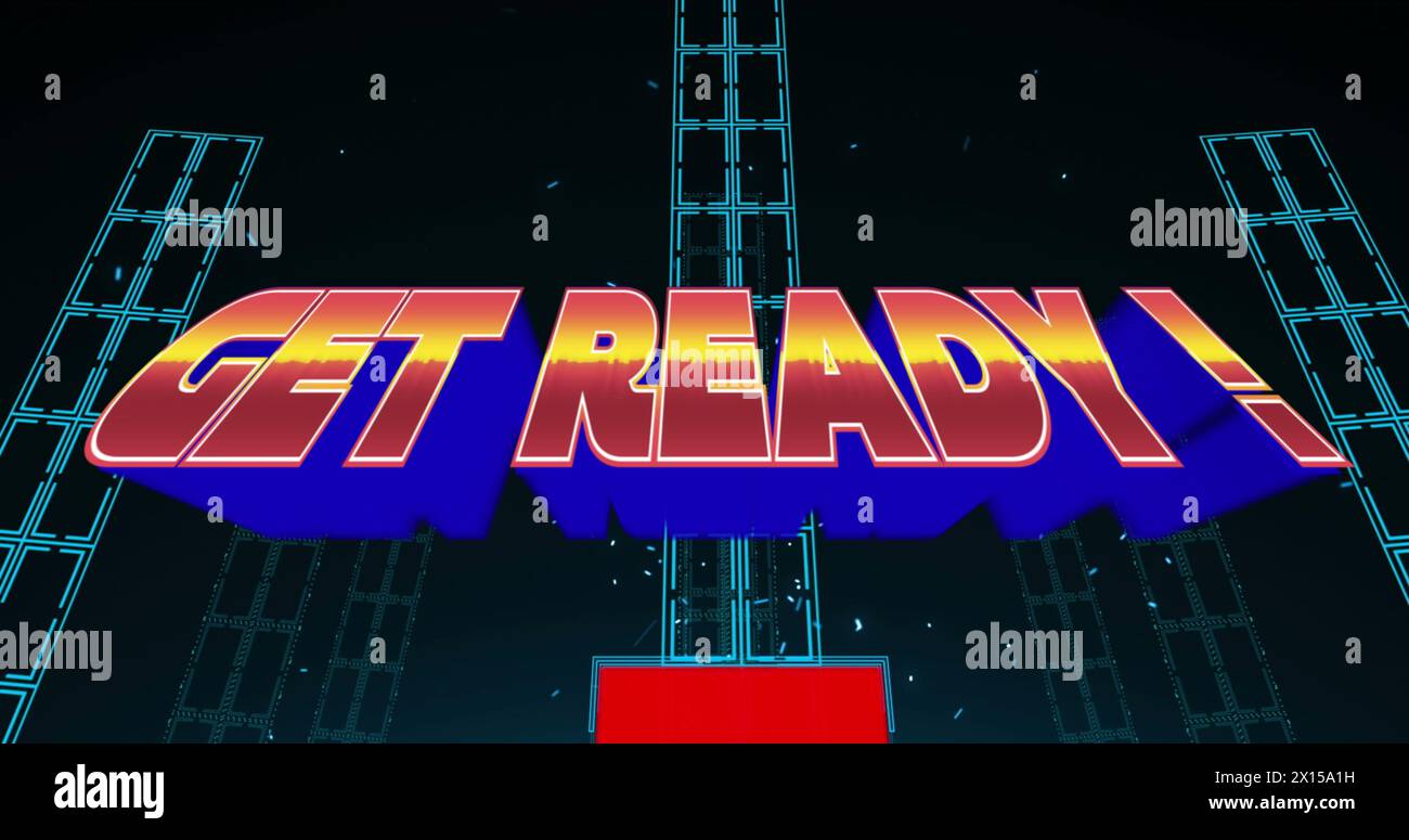Digital image of get ready text banner over abstract neon shapes ...