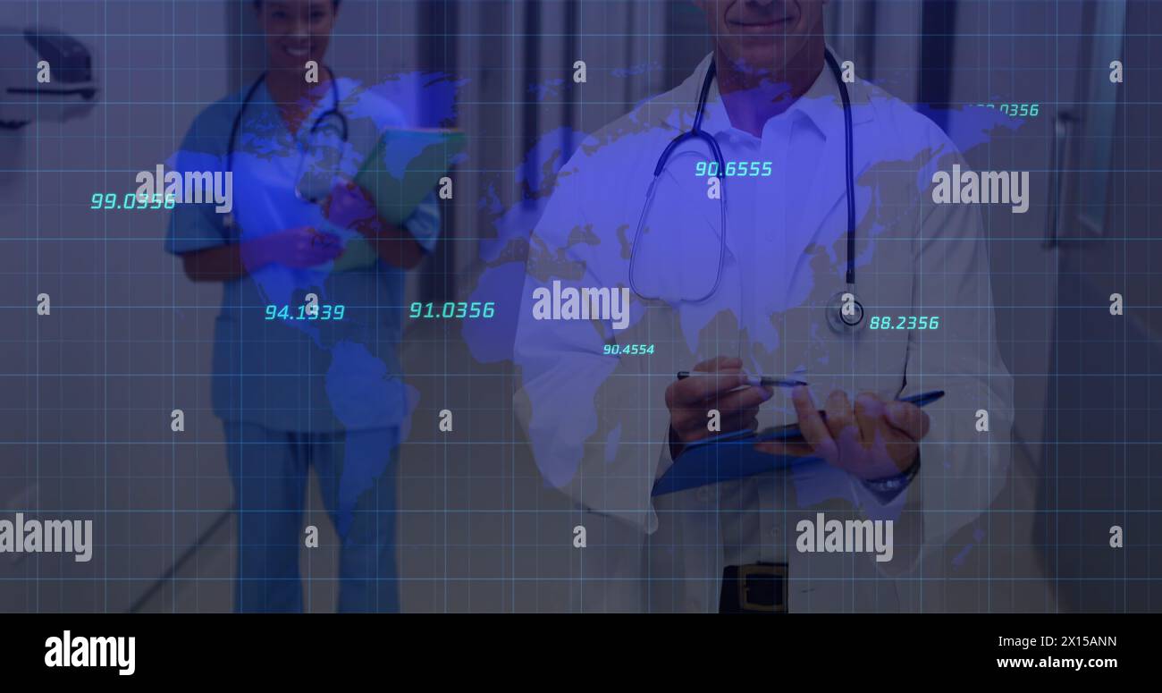 Image of financial data processing over two diverse doctors Stock Photo ...